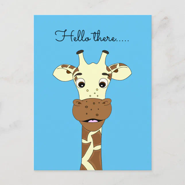 Funny giraffe cartoon blue Hello kids postcard | Zazzle