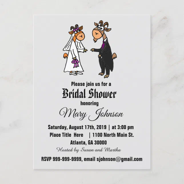 Funny Goat Bride and Groom Bridal Shower Invitation Postcard | Zazzle