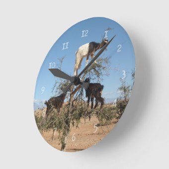 Funny goats in a tree round clock | Zazzle