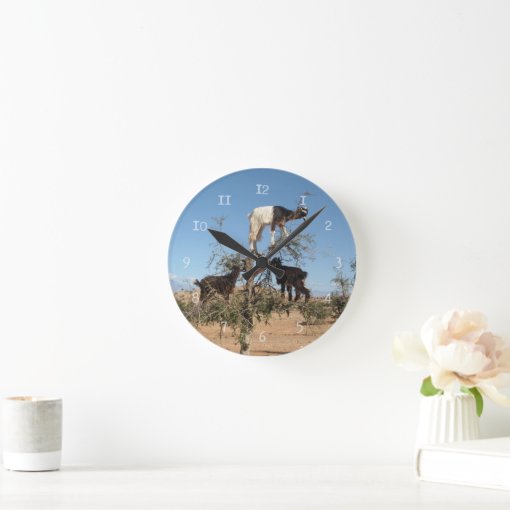 Funny goats in a tree round clock | Zazzle
