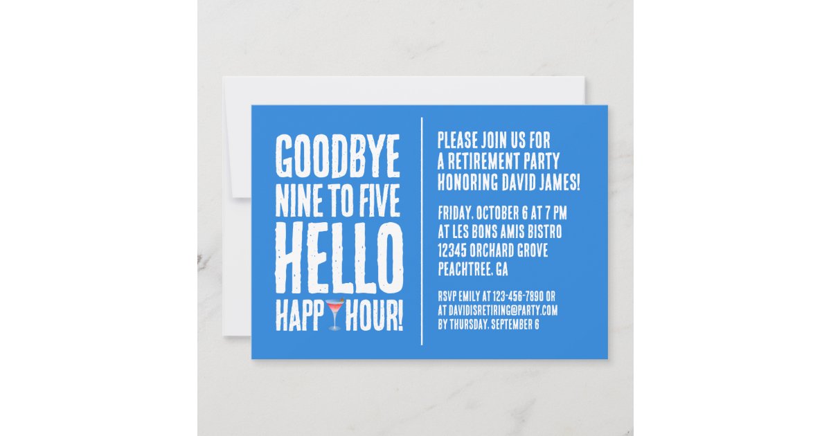 Funny Goodbye 9 to 5 Hello Happy Hour Retirement Invitation | Zazzle