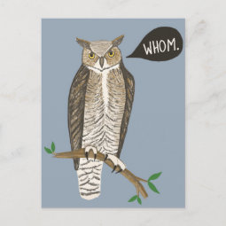 Funny Great Horned Owl WHOM Grammar Postcard | Zazzle