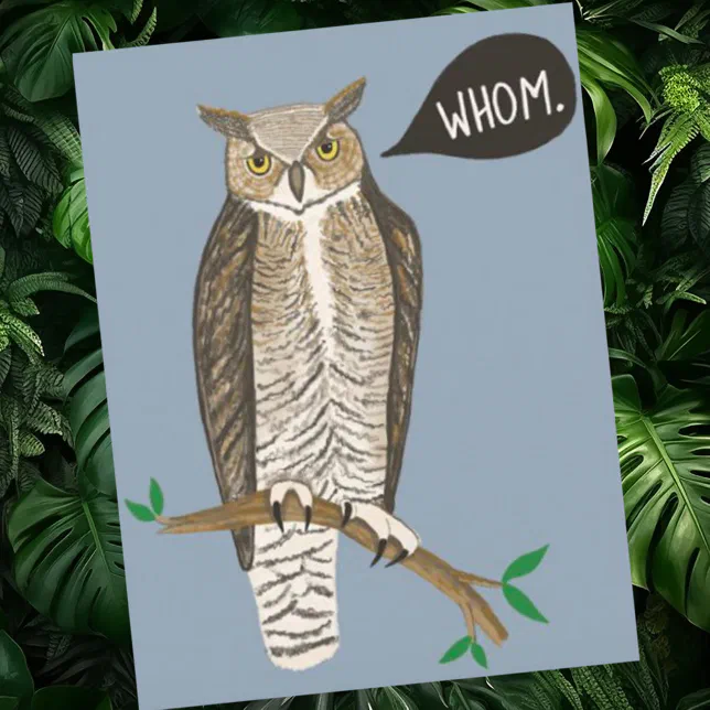 Funny Great Horned Owl WHOM Grammar Postcard | Zazzle