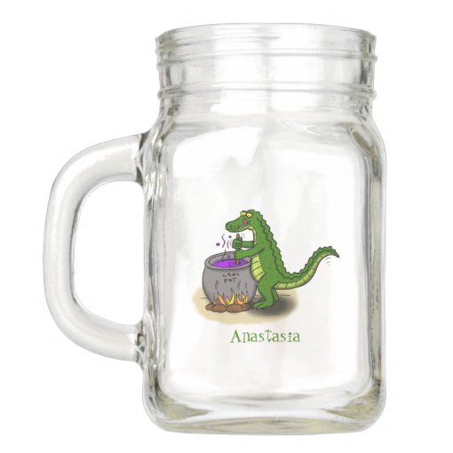 Funny green alligator cooking cartoon mason jar | Zazzle