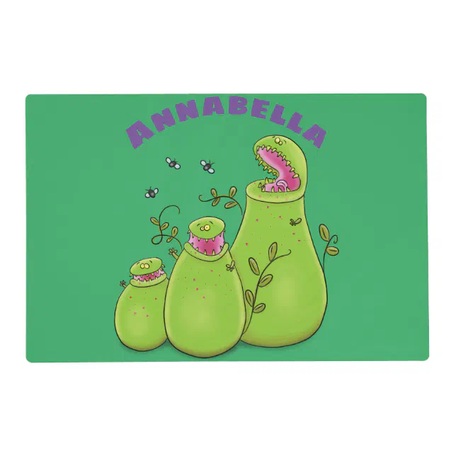 Funny green carnivorous pitcher plants cartoon placemat | Zazzle