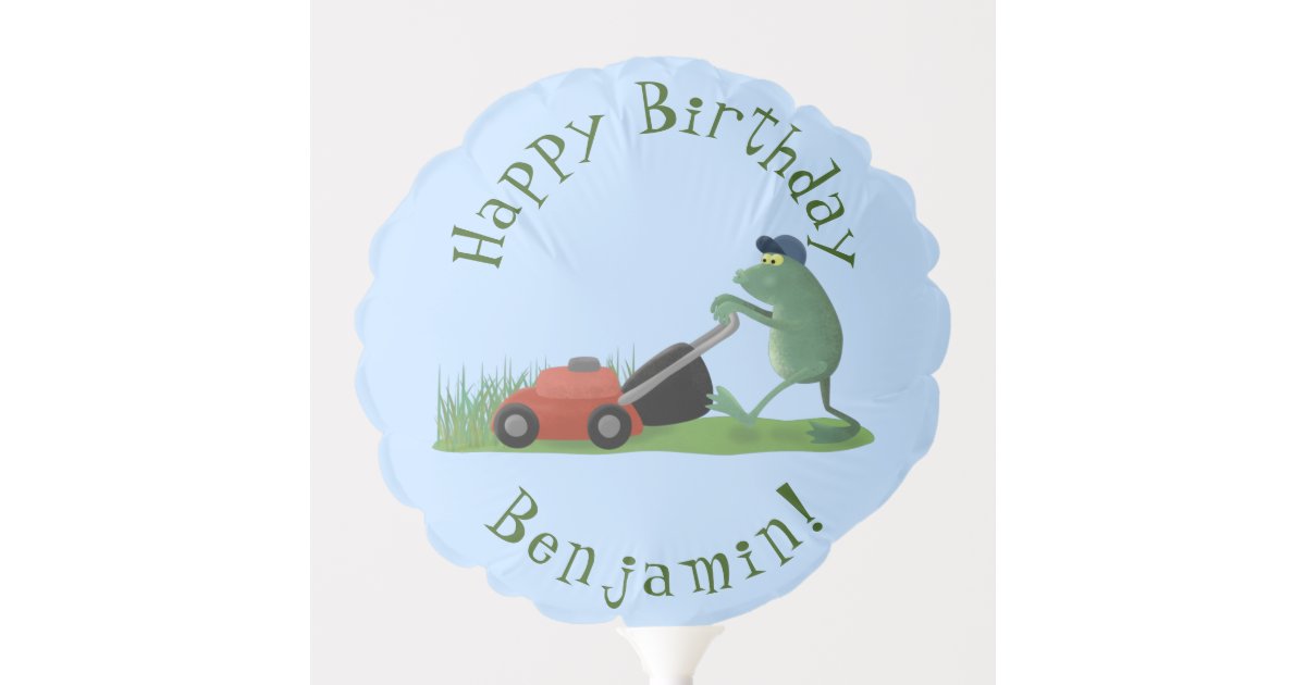 Funny green frog mowing lawn cartoon balloon | Zazzle