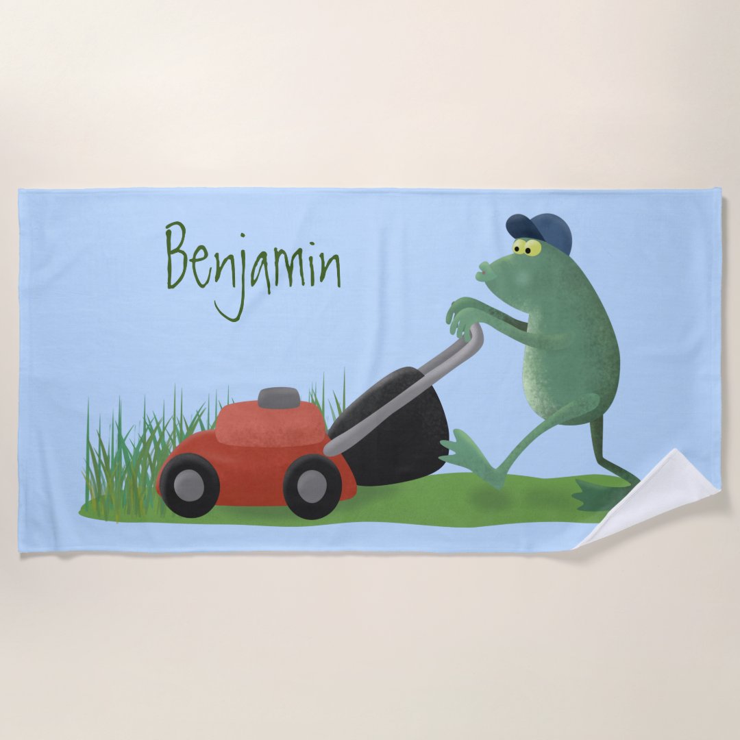 Funny green frog mowing lawn cartoon beach towel | Zazzle