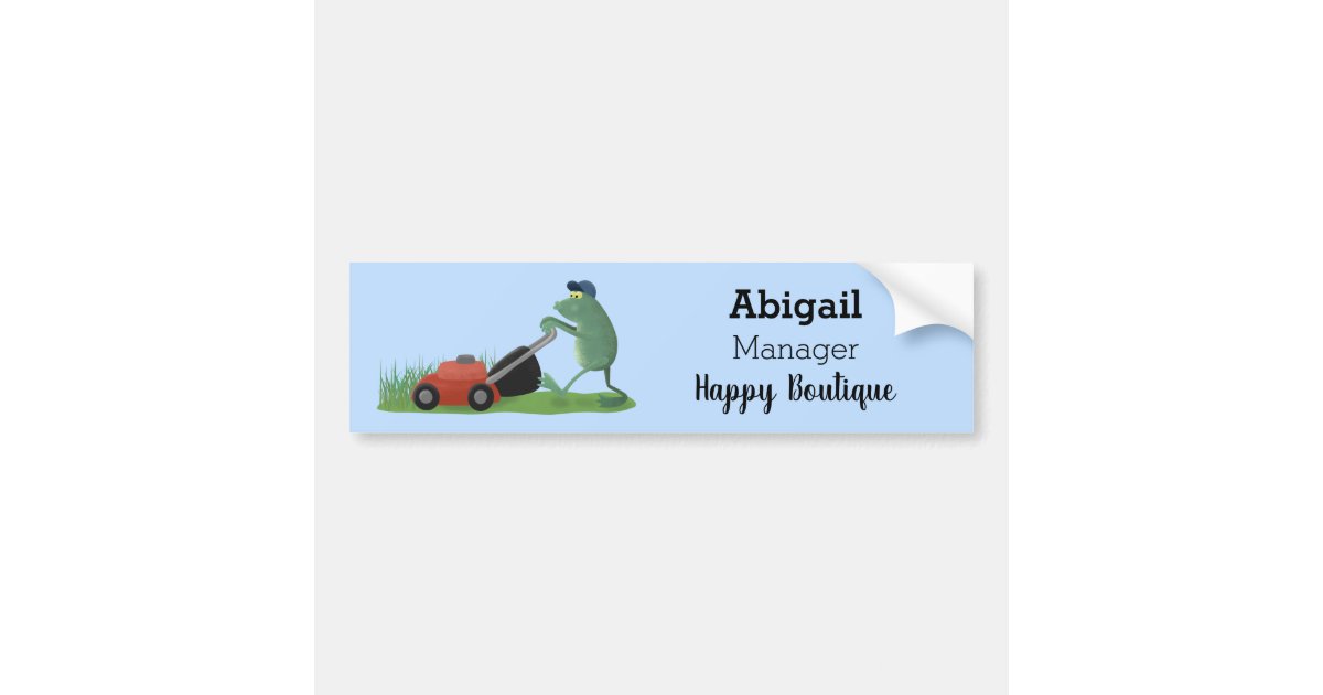 Funny green frog mowing lawn cartoon bumper sticker | Zazzle