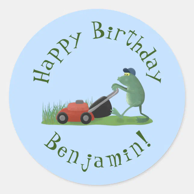 Funny green frog mowing lawn cartoon classic round sticker | Zazzle