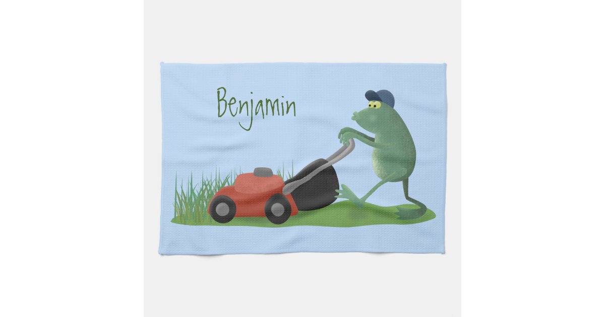 Funny green frog mowing lawn cartoon kitchen towel | Zazzle