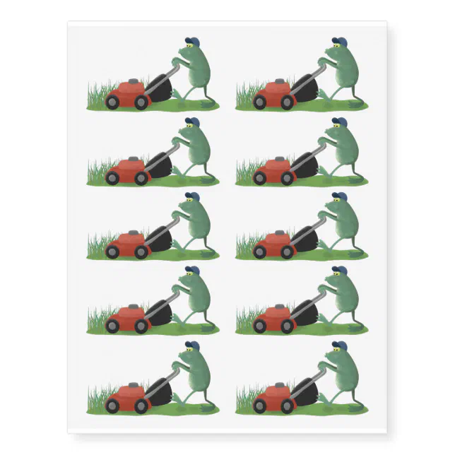 Funny green frog mowing lawn cartoon temporary tattoos | Zazzle