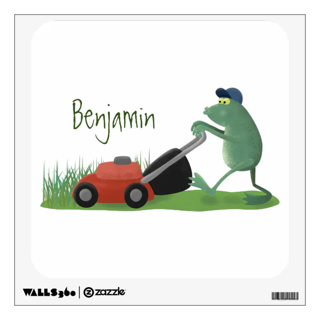 Funny green frog mowing lawn cartoon wall decal | Zazzle