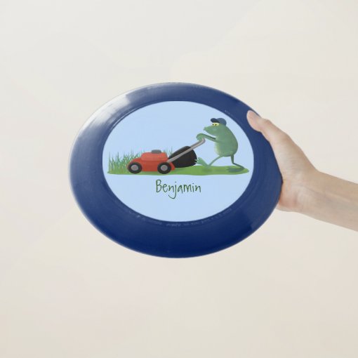 Funny green frog mowing lawn cartoon Wham-O frisbee | Zazzle