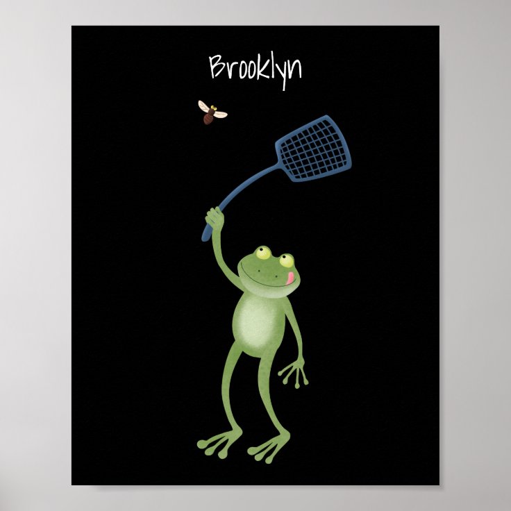 Funny green frog swatting fly cartoon poster | Zazzle