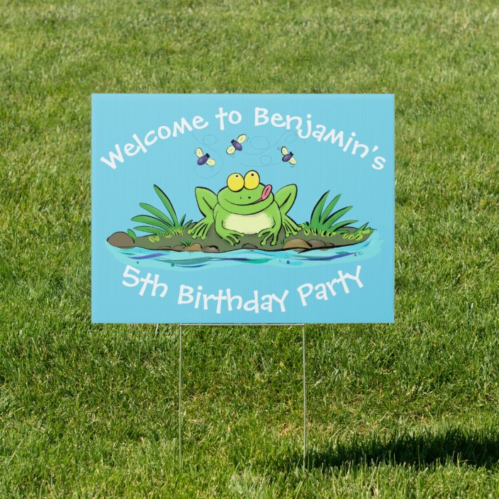 Funny green frog with flies cartoon illustration sign | Zazzle