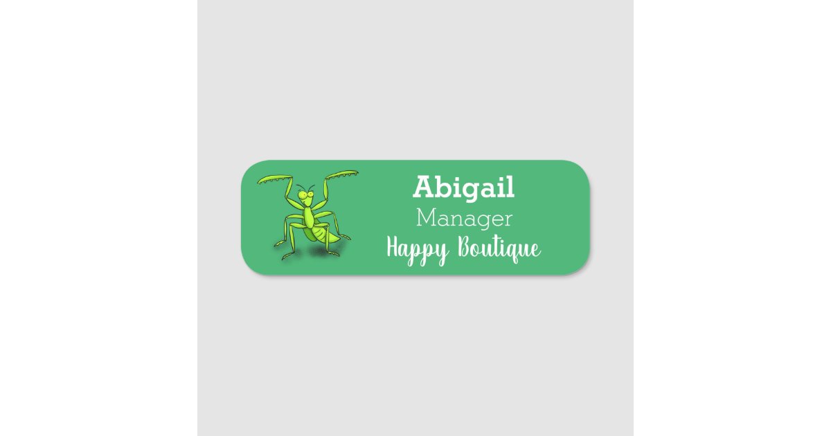 Funny green praying mantis cartoon illustration name tag | Zazzle