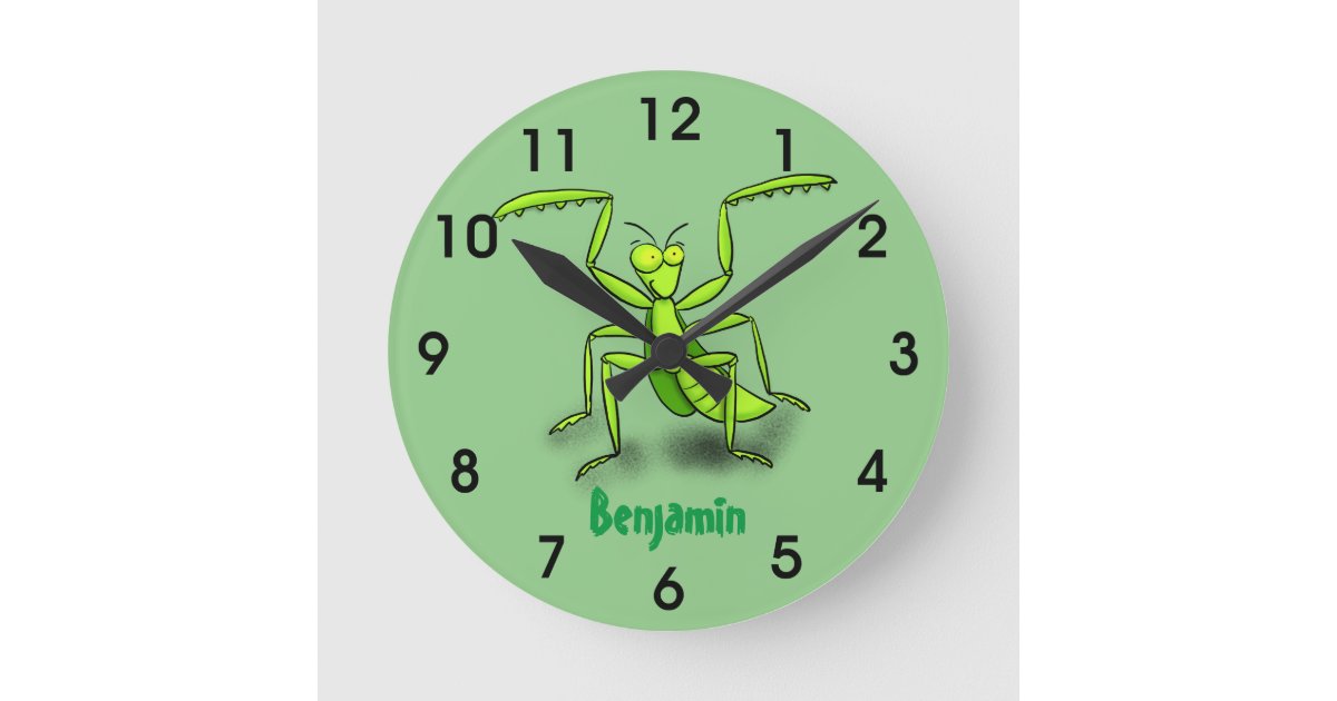 Funny green praying mantis cartoon illustration round clock | Zazzle