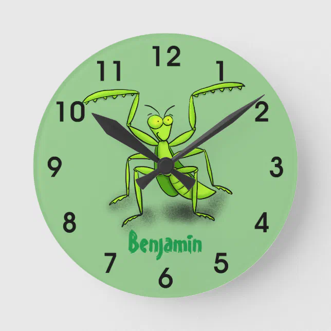 Funny green praying mantis cartoon illustration round clock | Zazzle