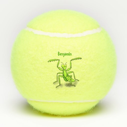 Funny green praying mantis cartoon illustration tennis balls | Zazzle