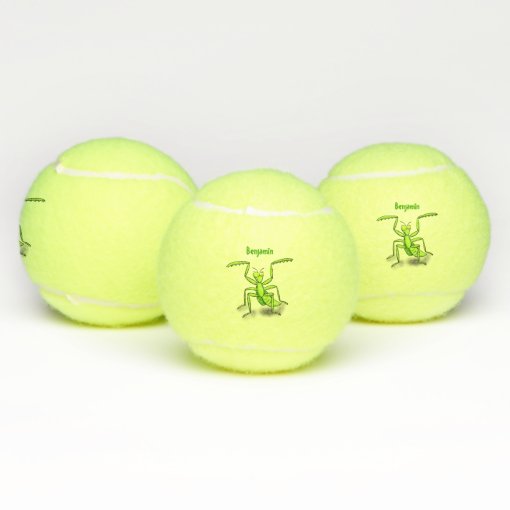 Funny green praying mantis cartoon illustration tennis balls | Zazzle