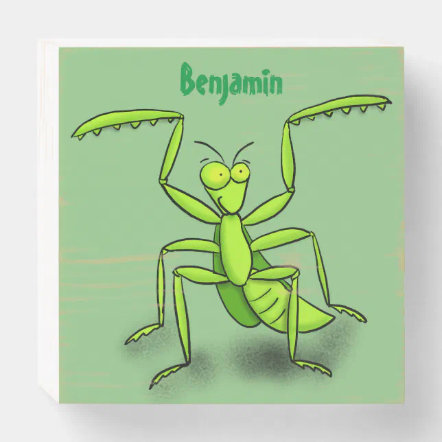Funny green praying mantis cartoon illustration wooden box sign | Zazzle