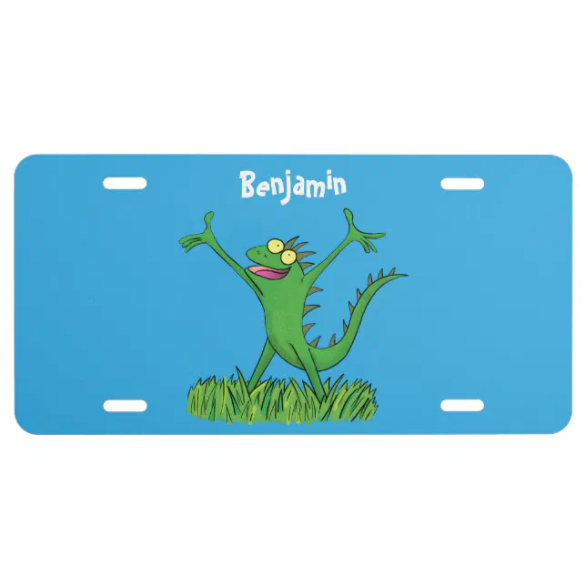 Funny green smiling animated iguana lizard license plate | Zazzle