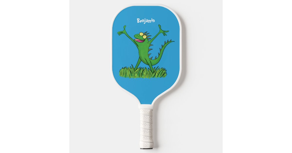 Funny green smiling animated iguana lizard pickleball paddle | Zazzle