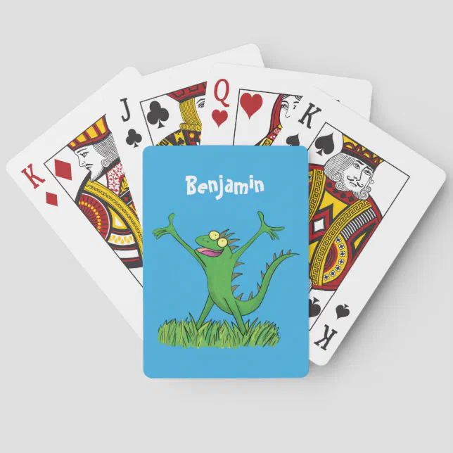 Funny green smiling animated iguana lizard poker cards | Zazzle