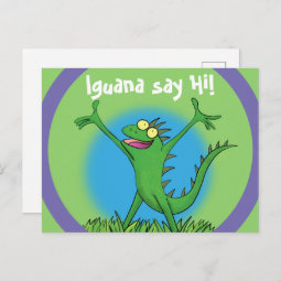 Funny green smiling animated iguana lizard postcard | Zazzle