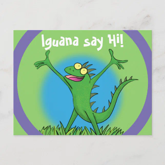Funny green smiling animated iguana lizard postcard | Zazzle