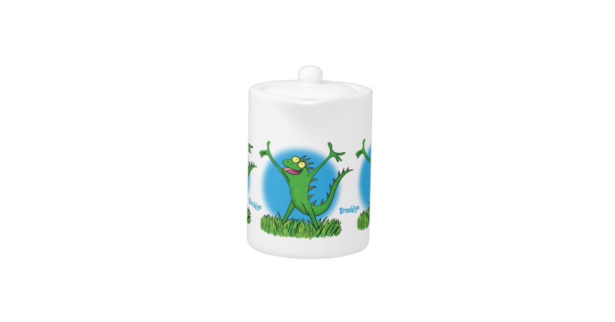 Funny green smiling animated iguana lizard teapot | Zazzle