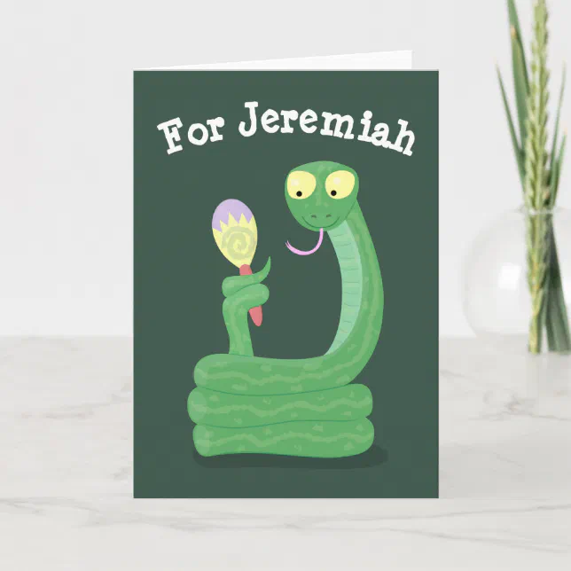 Funny green snake with maraca cartoon humor card | Zazzle