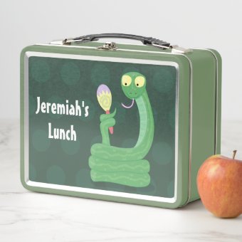 Funny green snake with maraca cartoon metal lunch box | Zazzle