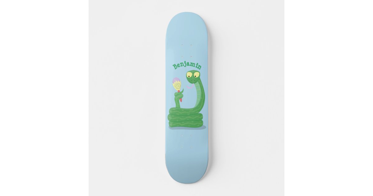 Funny green snake with maraca cartoon skateboard | Zazzle