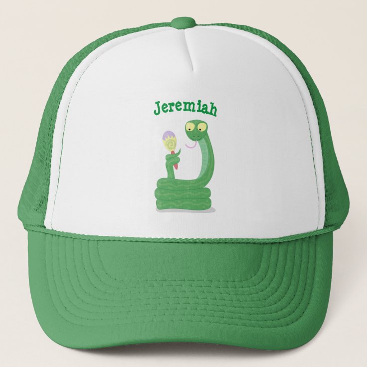 Funny green snake with maraca cartoon trucker hat | Zazzle