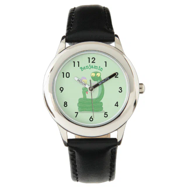 Funny green snake with maraca cartoon watch | Zazzle