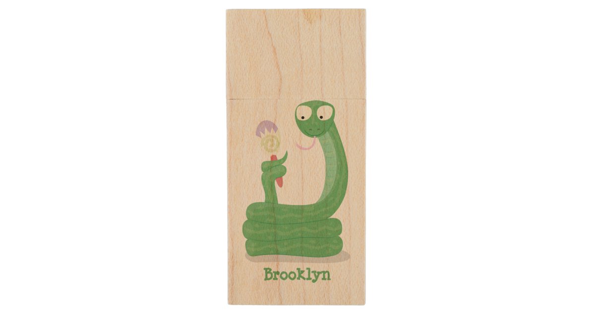 Funny green snake with maraca cartoon wood flash drive | Zazzle