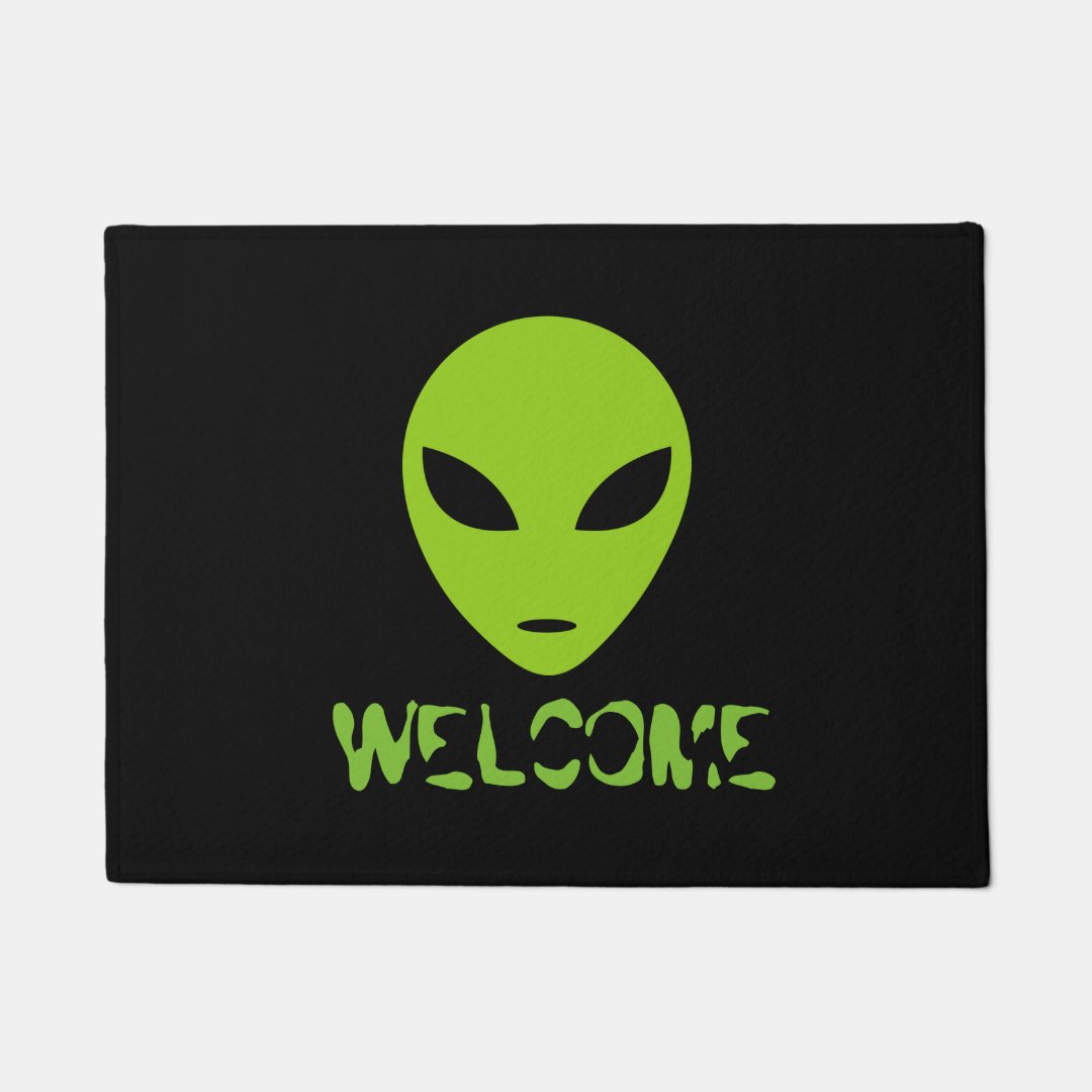 Funny green space alien head welcome door mat | Zazzle