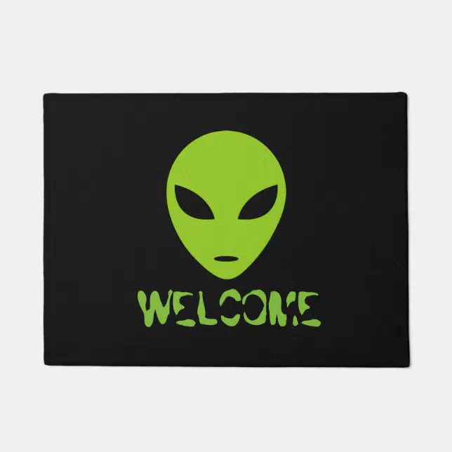 Funny green space alien head welcome door mat | Zazzle