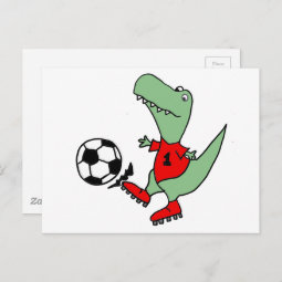 Funny Green T-rex Dinosaur Playing Soccer Postcard | Zazzle