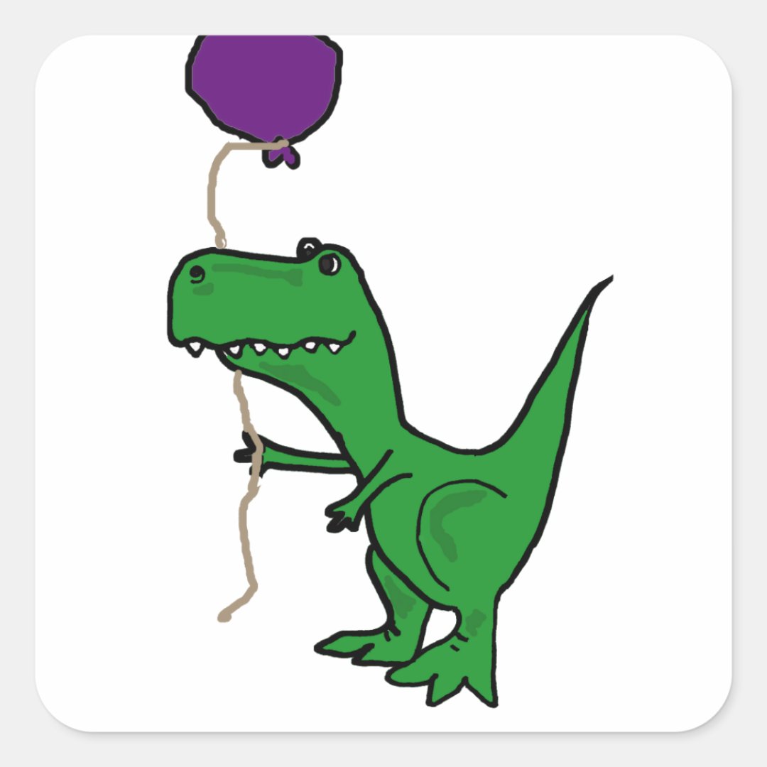 Funny Green Trex Dinosaur Holding Balloon Square Sticker | Zazzle