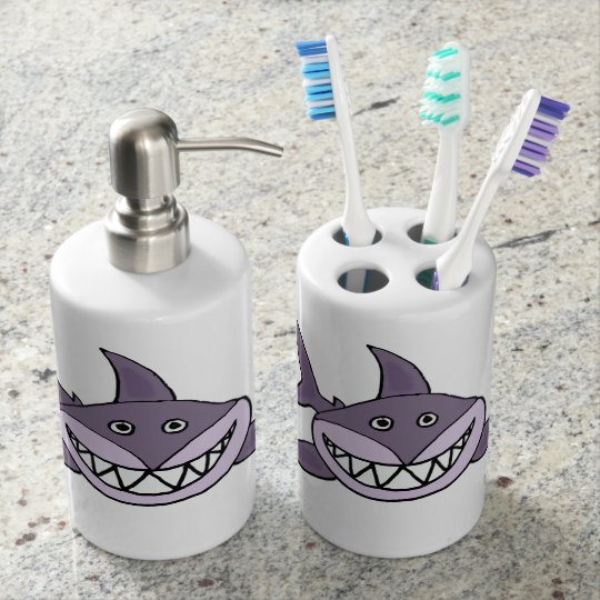 Funny Grey Grinning Shark Cartoon Soap Dispenser And Toothbrush Holder ...