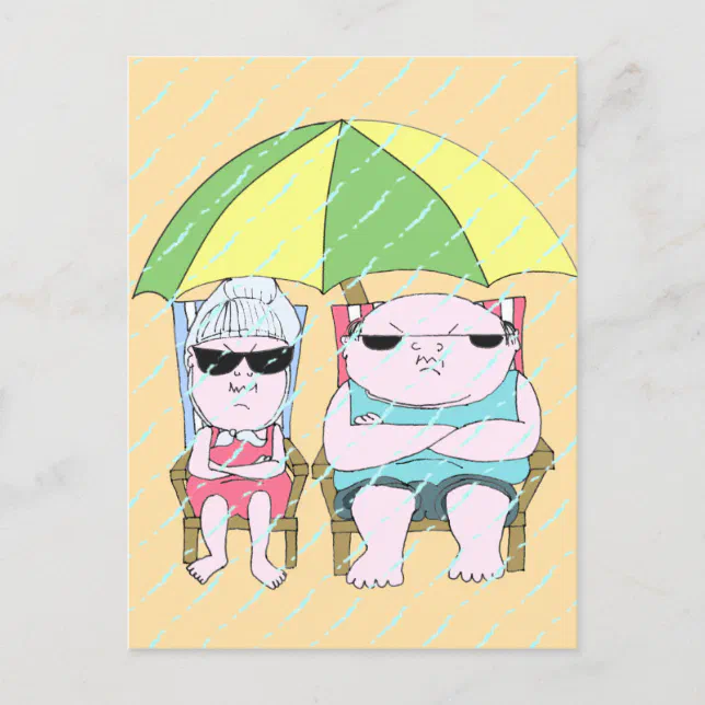 Funny Grumpy Couple at the Beach in Rain Art Postcard | Zazzle