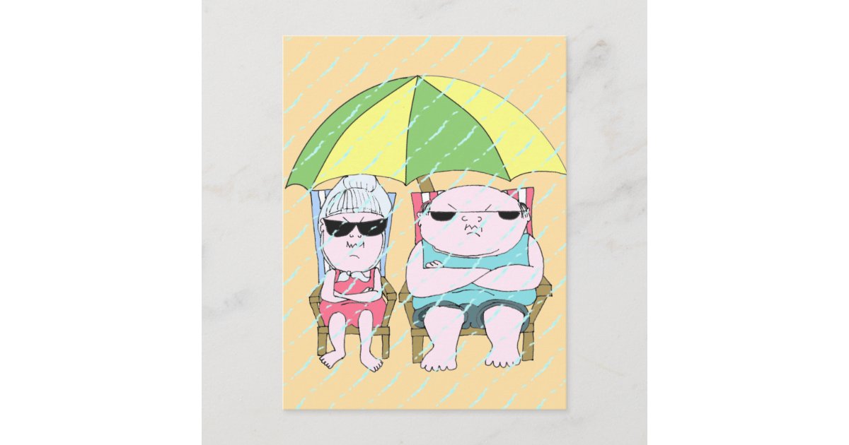 Funny Grumpy Couple at the Beach in Rain Art Postcard | Zazzle