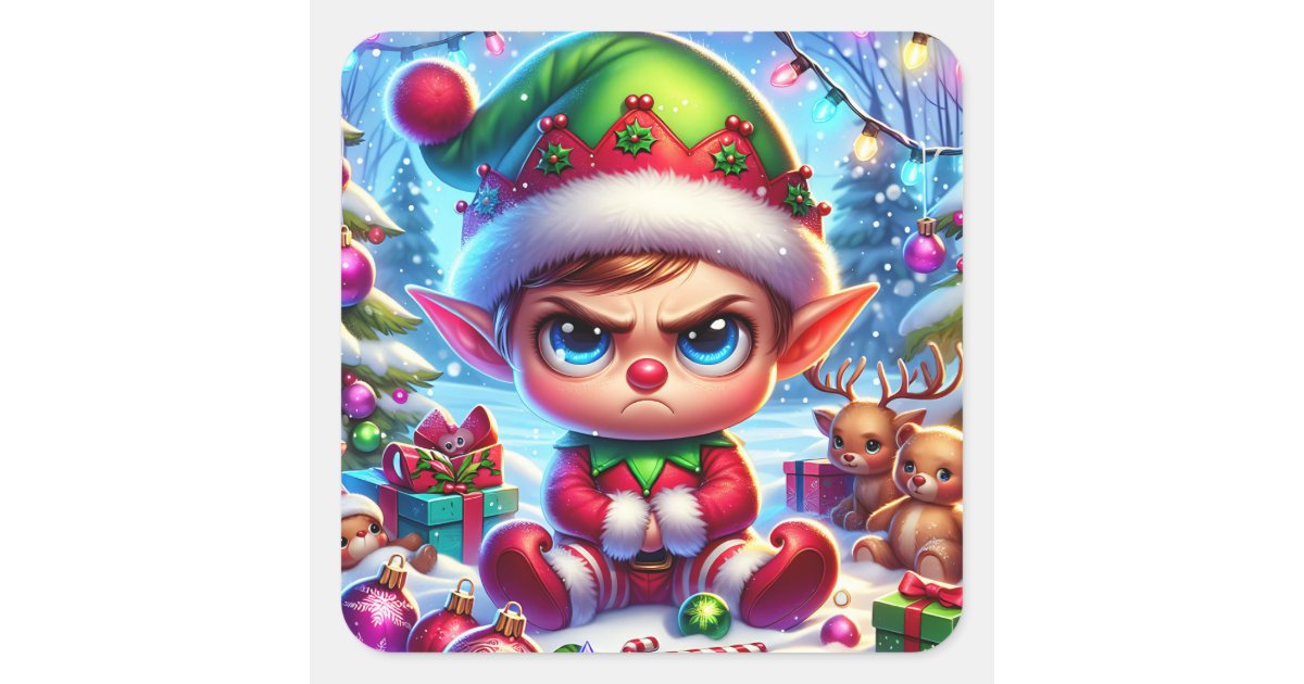 Funny Grumpy Elf Christmas Square Sticker | Zazzle