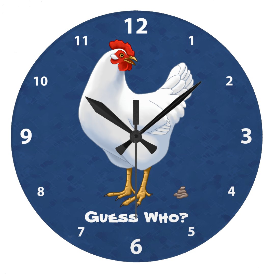 Funny Guess Who Chicken Poo White Hen Large Clock | Zazzle