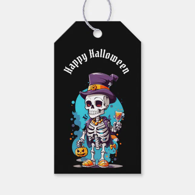 Funny Halloween Skeleton wearing Top Hat Gift Tags | Zazzle