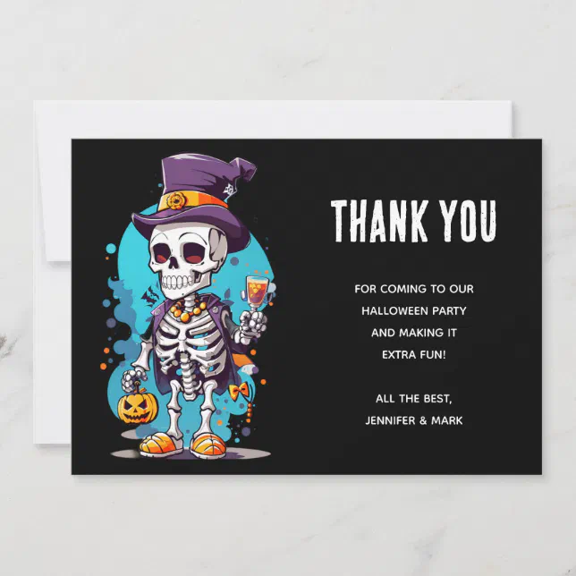 Funny Halloween Skeleton wearing Top Hat Thank You Card | Zazzle
