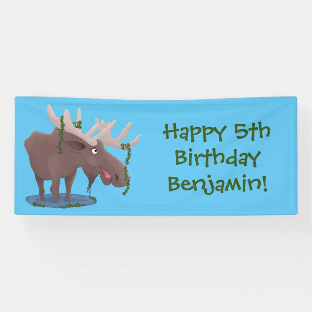 Funny happy moose cartoon illustration banner | Zazzle