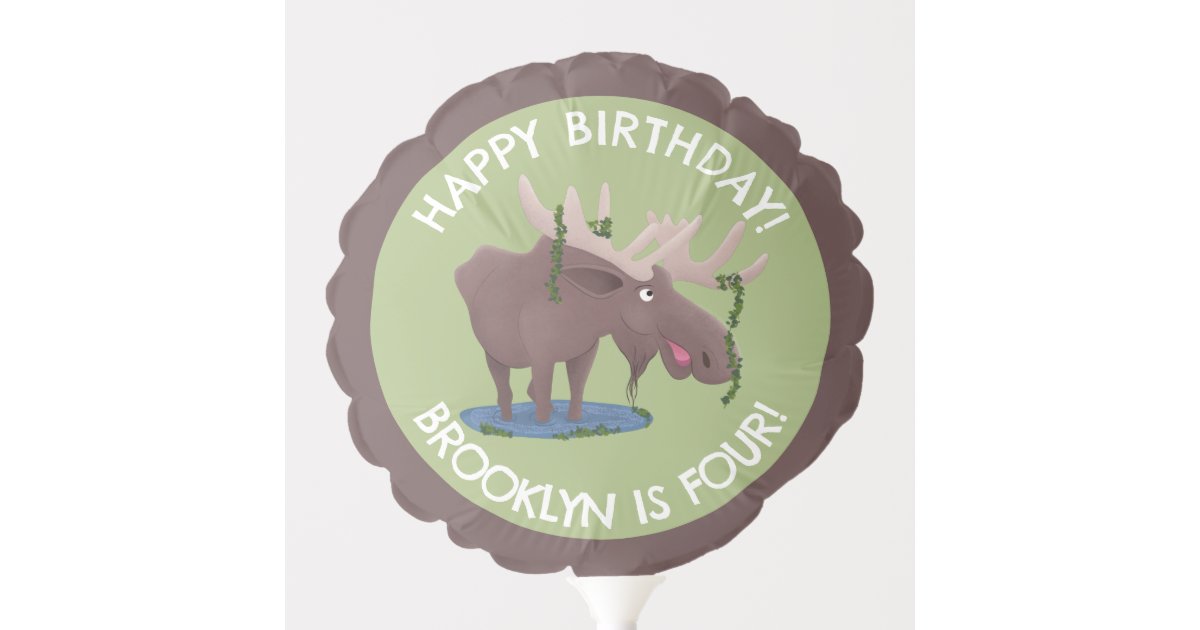Funny happy moose personalized cartoon birthday balloon | Zazzle